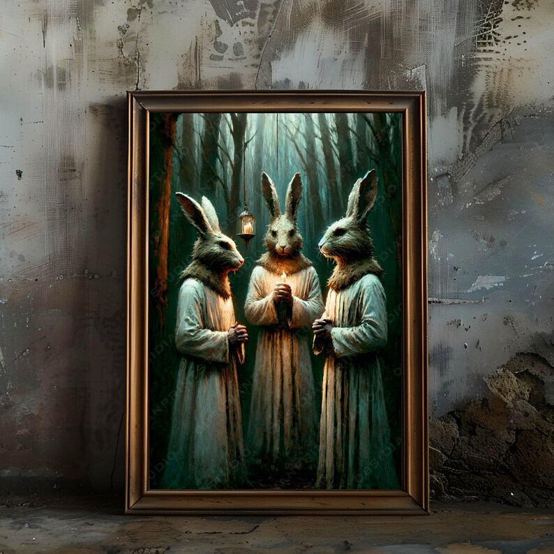 Vintage Occult Art Print, Rabbit Head Trio Artwork, Occult Cloaked ...