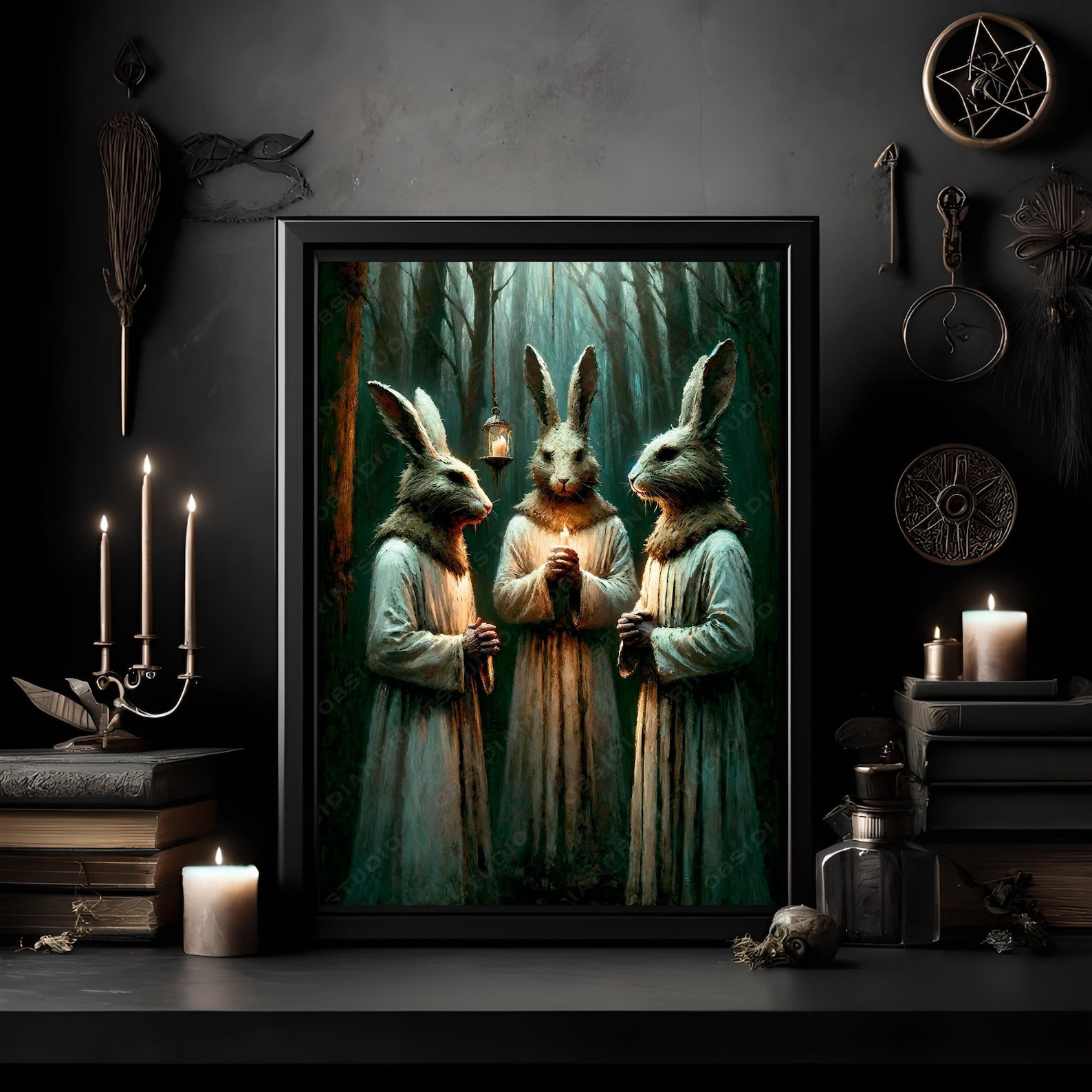 Vintage Occult Art Print, Rabbit Head Trio Artwork, Occult Cloaked ...