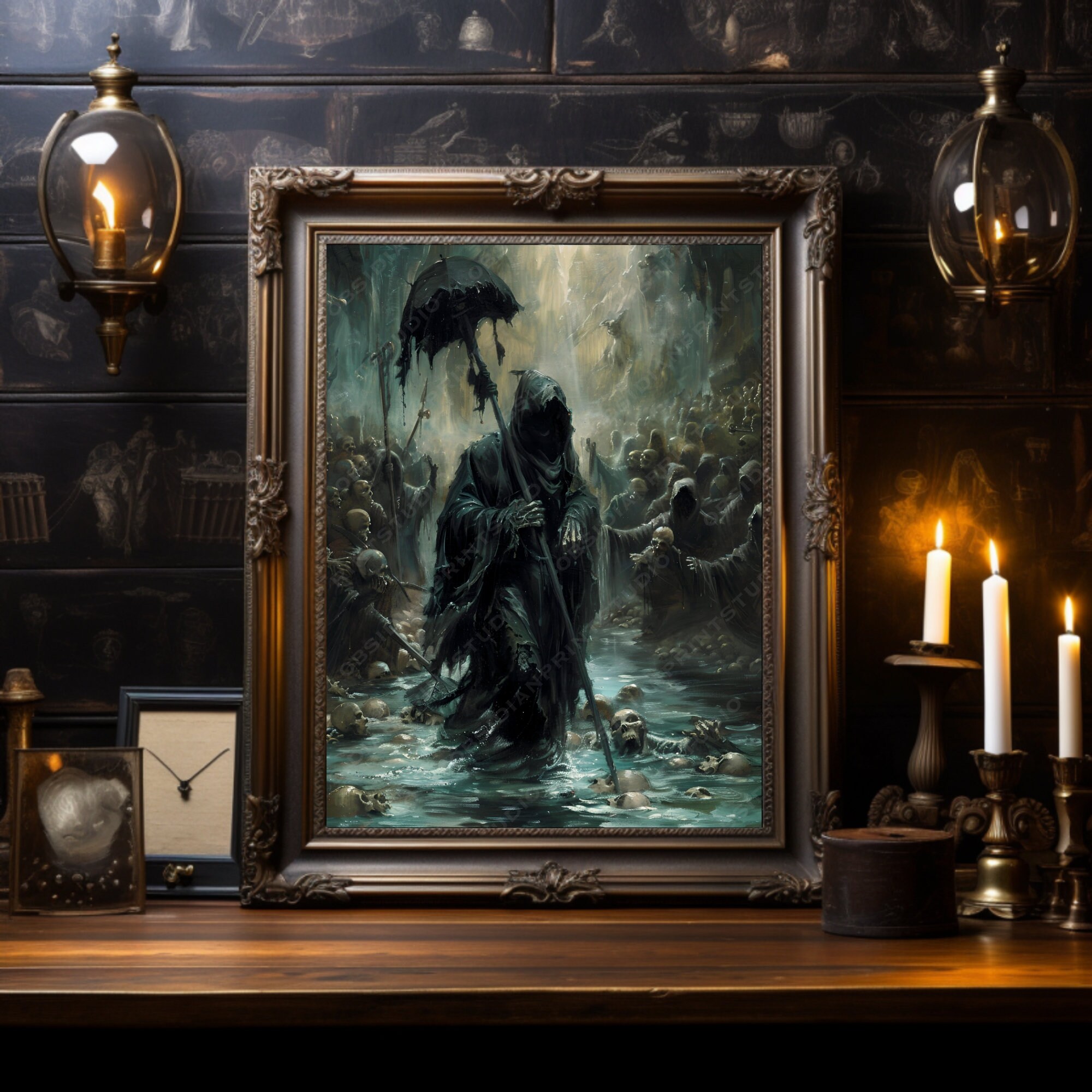 Grim Reaper Art Print, Underworld Pool Art, Gothic Reaper Decor, Creepy ...