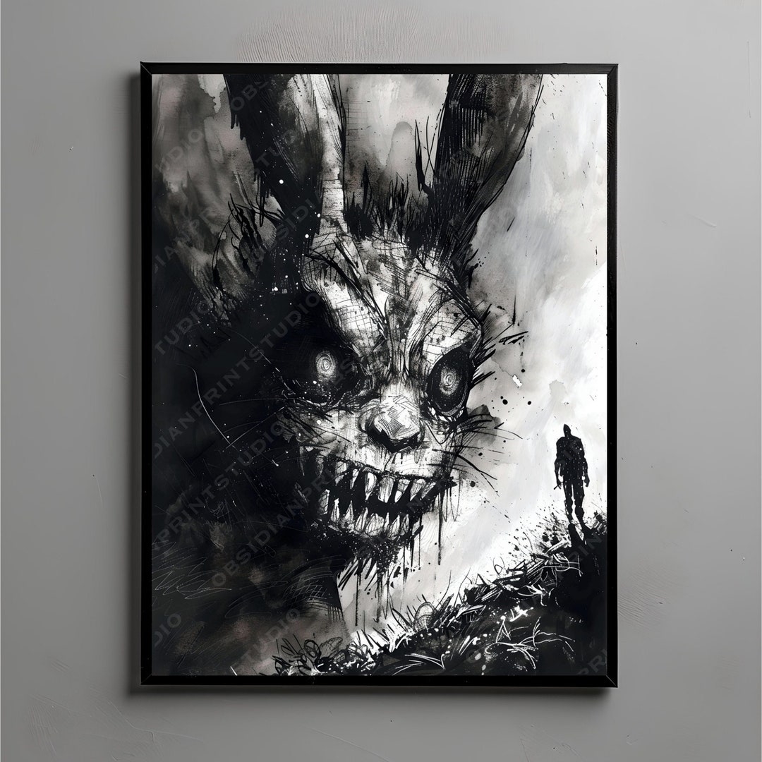 Creepy Rabbit Art Print, Black and White Rabbit, Dark Surreal Ink Wash ...