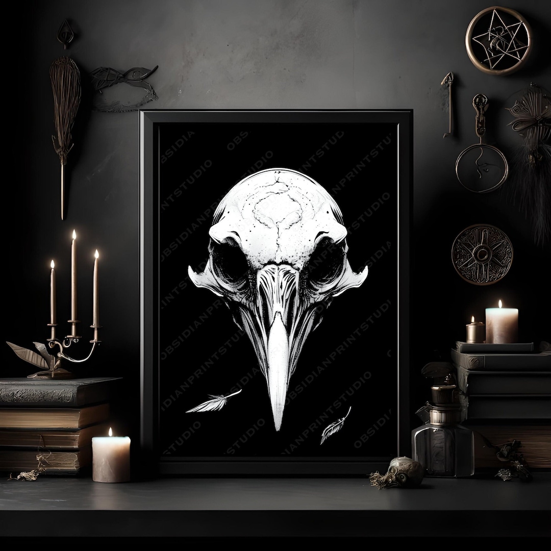 Raven Skull Art Print, Gothic Raven Skull Art, Occult Wall Decor, Skull ...