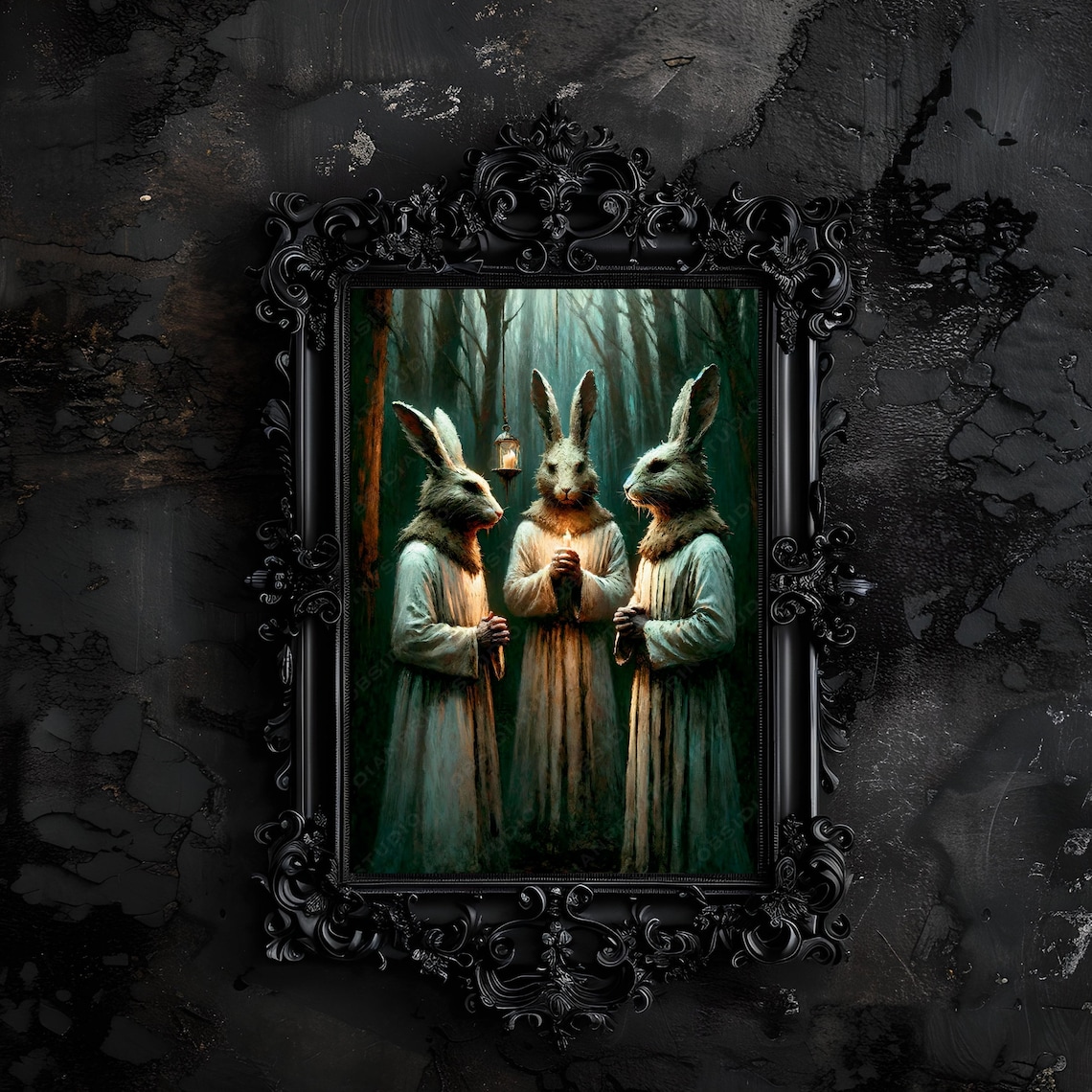 Vintage Occult Art Print, Rabbit Head Trio Artwork, Occult Cloaked ...