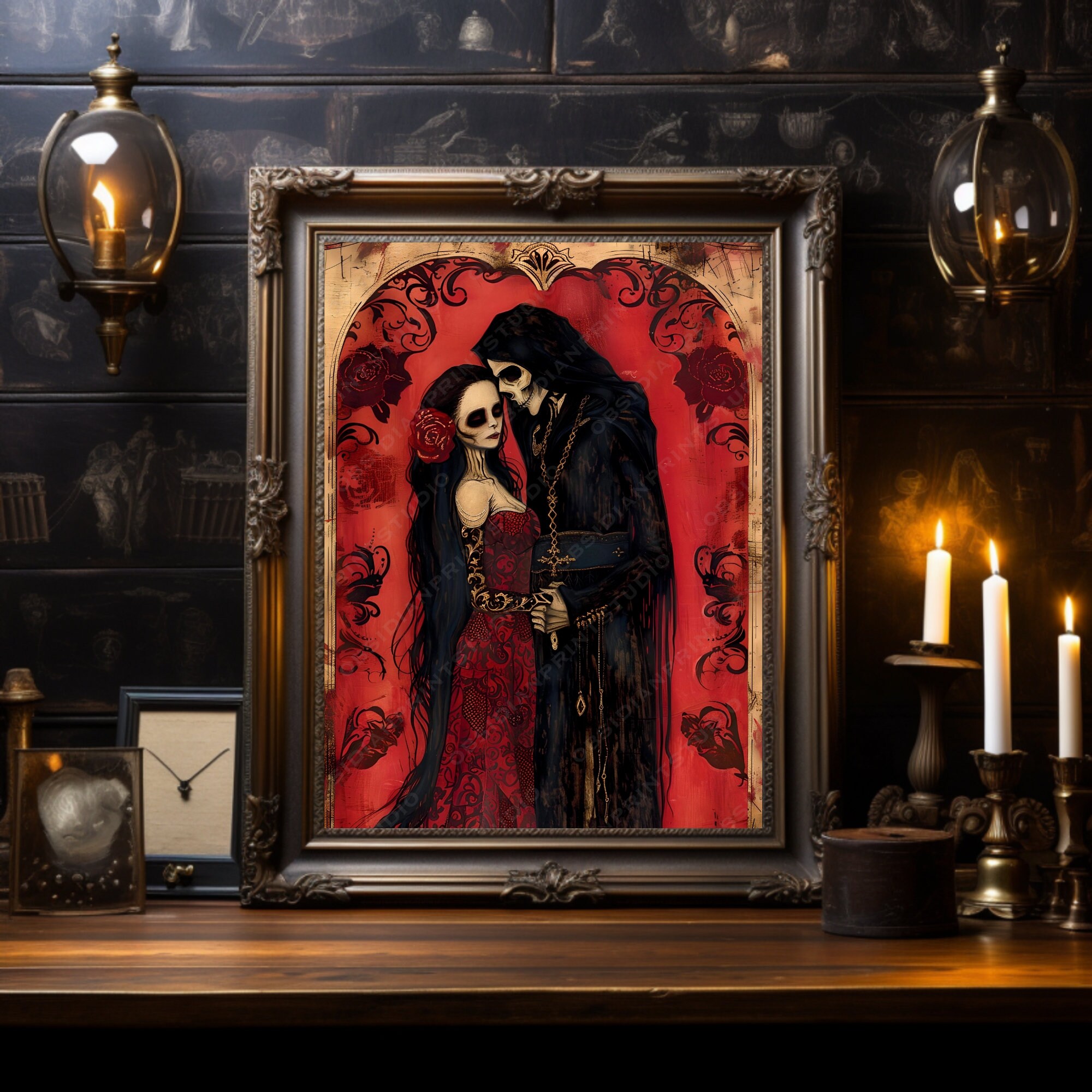 Gothic Bride and Grim Reaper Dark Romance Art Print, Dark Fantasy ...