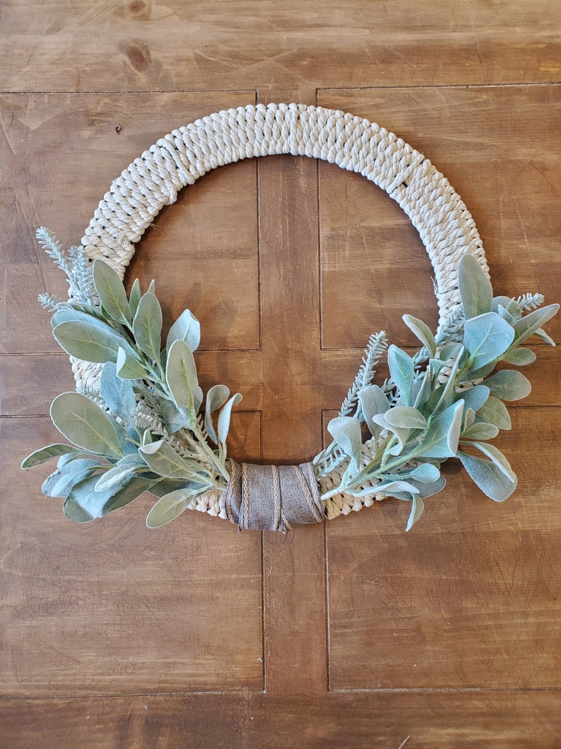 Woven Rope and Lamb's Ear Wreath, Farmhouse Rope Wreath, Farmhouse Lamb ...