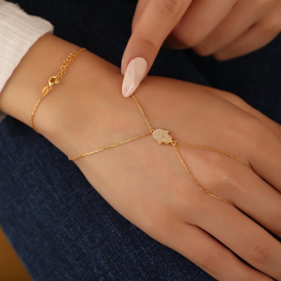 925K Fatima Hand Chain Bracelet, Fatima Hand Charm Bracelet, Minimalist ...