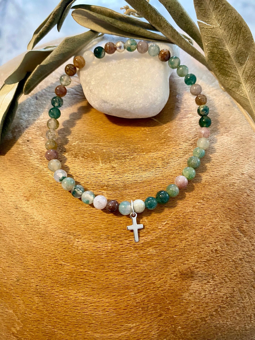 Jasper Bracelet With Sterling Silver Cross and Bead Inspired by ...