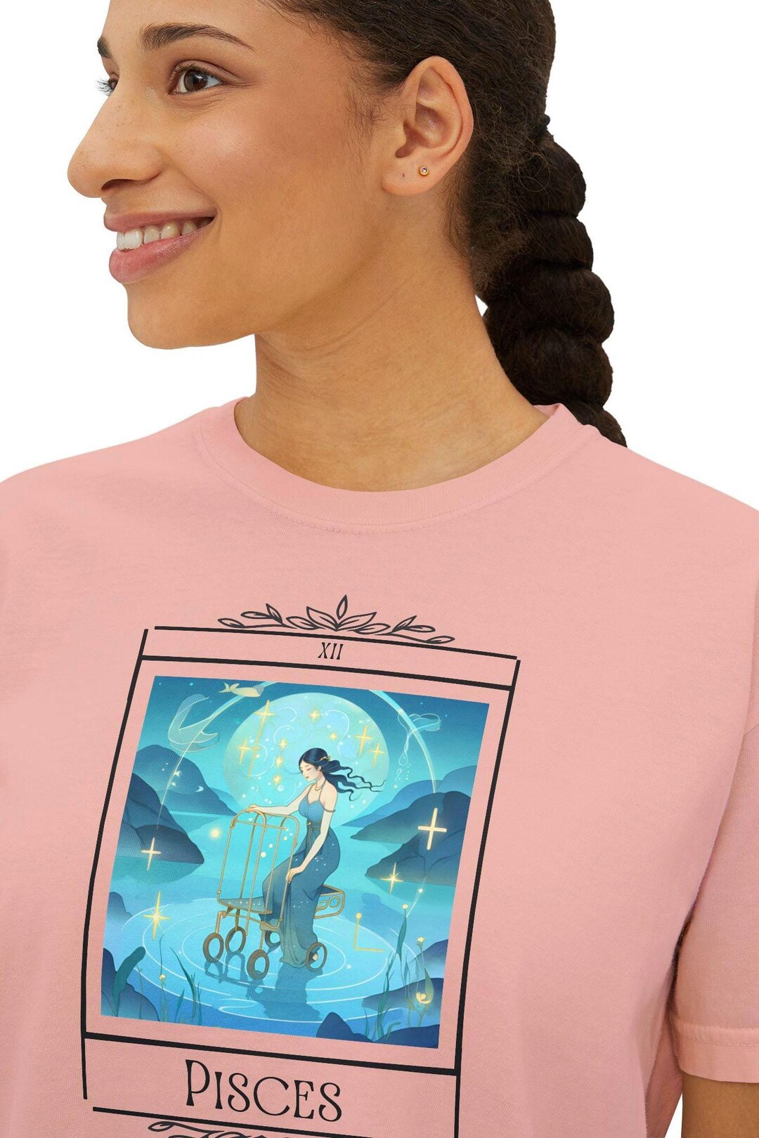 Pisces Tarot Boxy Tee, Disabled Woman Walker Shirt, Witchy Inclusive Art, Spoonie Zodiac Apparel ...