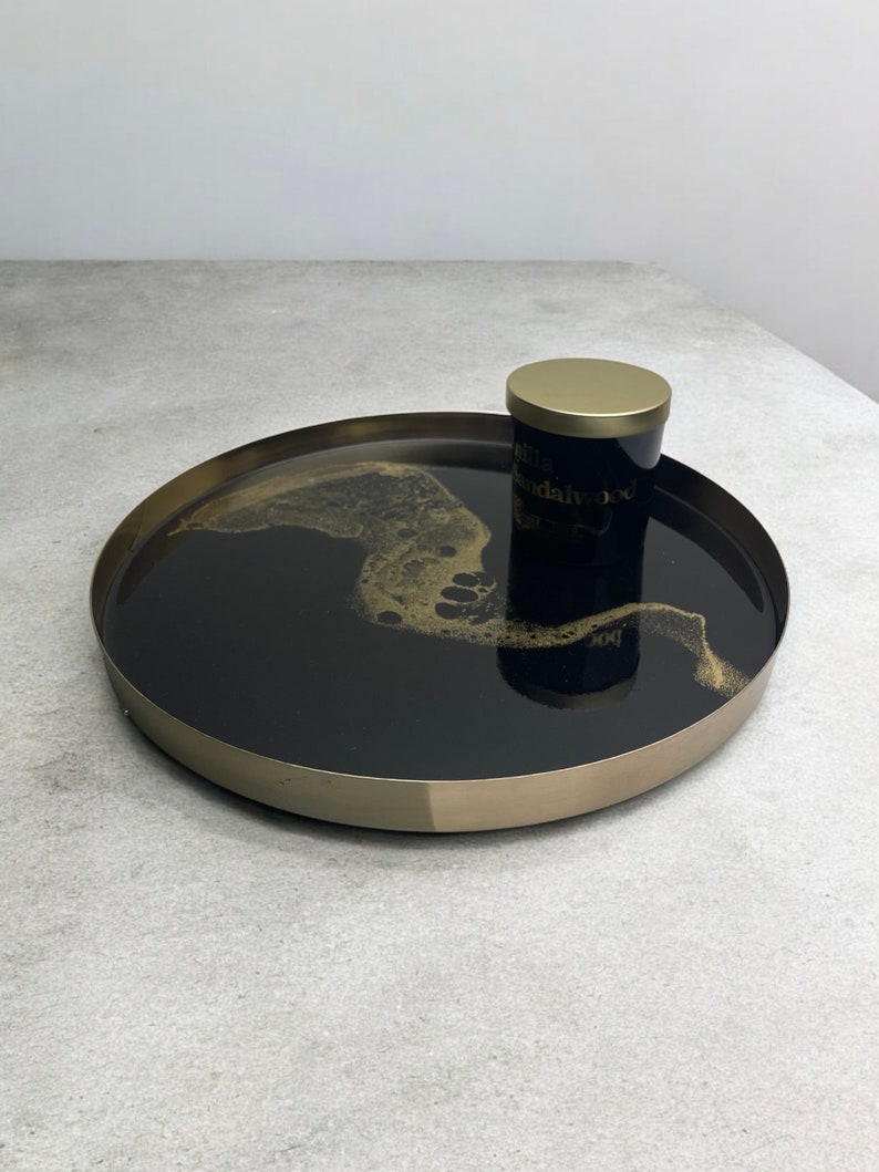 12" Round Gold Metal Resin Tray, Elegant Vanity Tray, Black and Gold ...