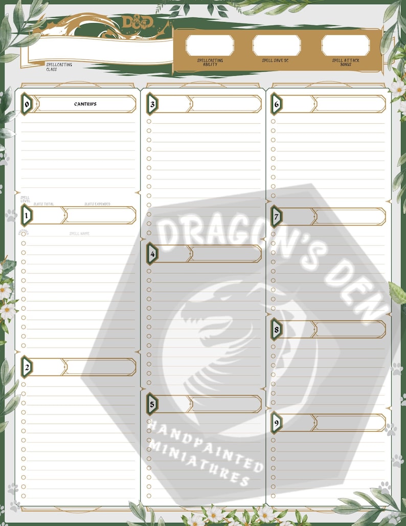 D&D DRUID Character Sheet Downloadable File - Etsy