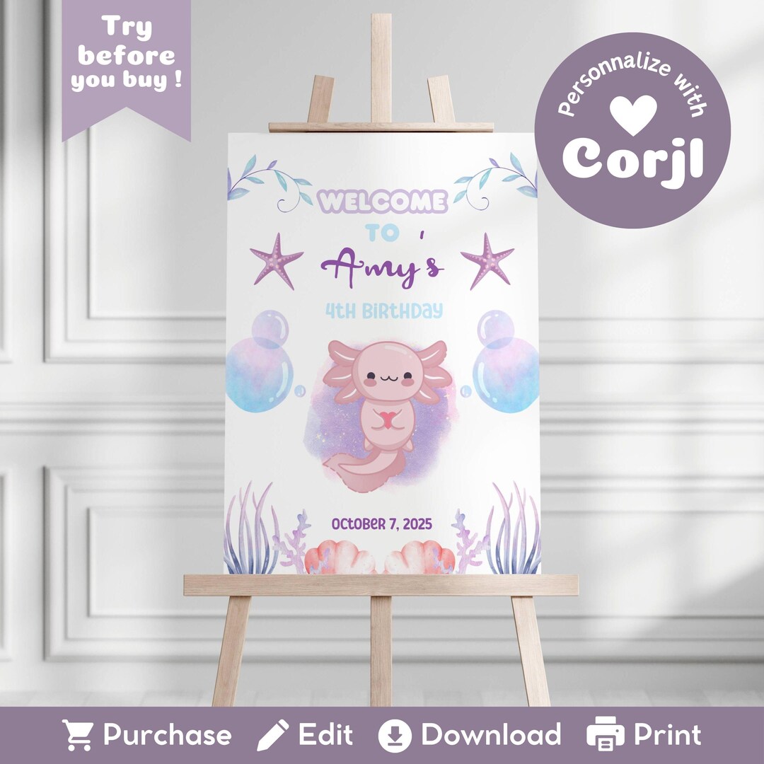 Axolotl Party Decoration, Welcome Sign for a Child's Birthday, Editable ...