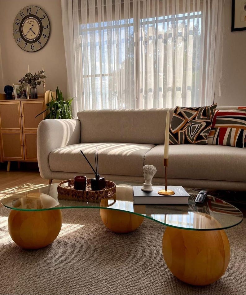 Round Bed Leg-wooden Ball Foot-walnut Colour Ball-glass Coffee Table ...
