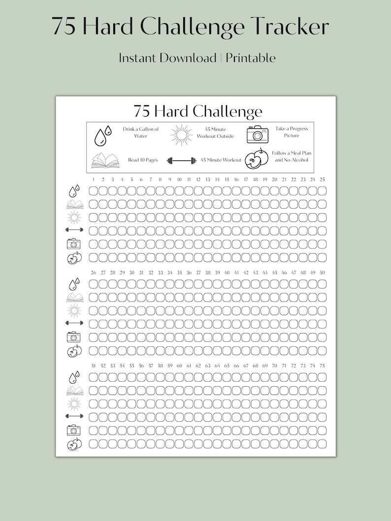 75 Hard Challenge Tracker 75 Hard Challenge Printable Tracker 75 Hard ...