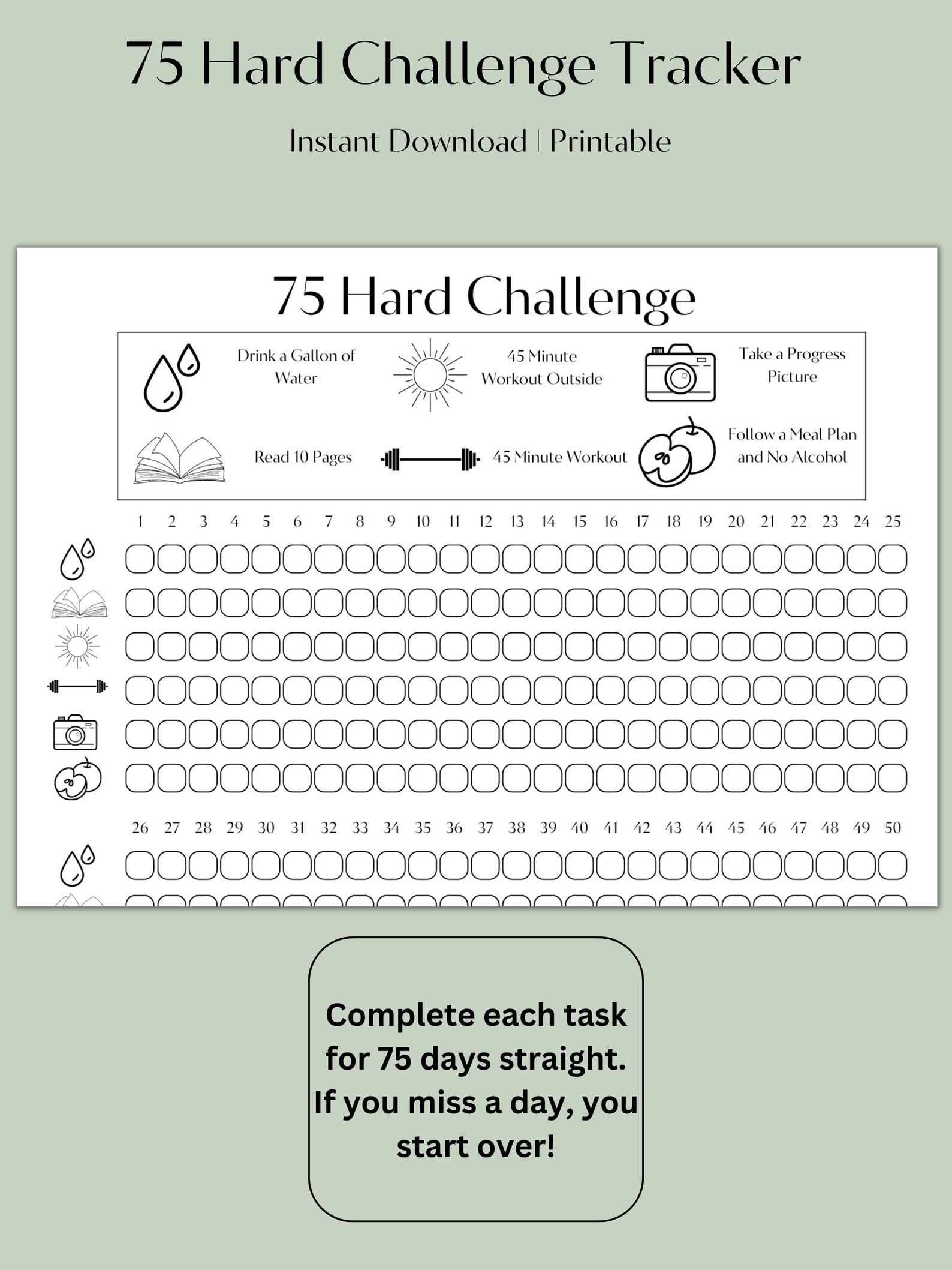 75 Hard Challenge Tracker 75 Hard Challenge Printable Tracker 75 Hard ...