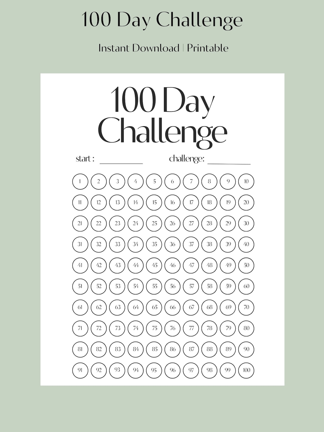 100 Day Challenge Tracker Printable: Goal Checklist (digital Download ...