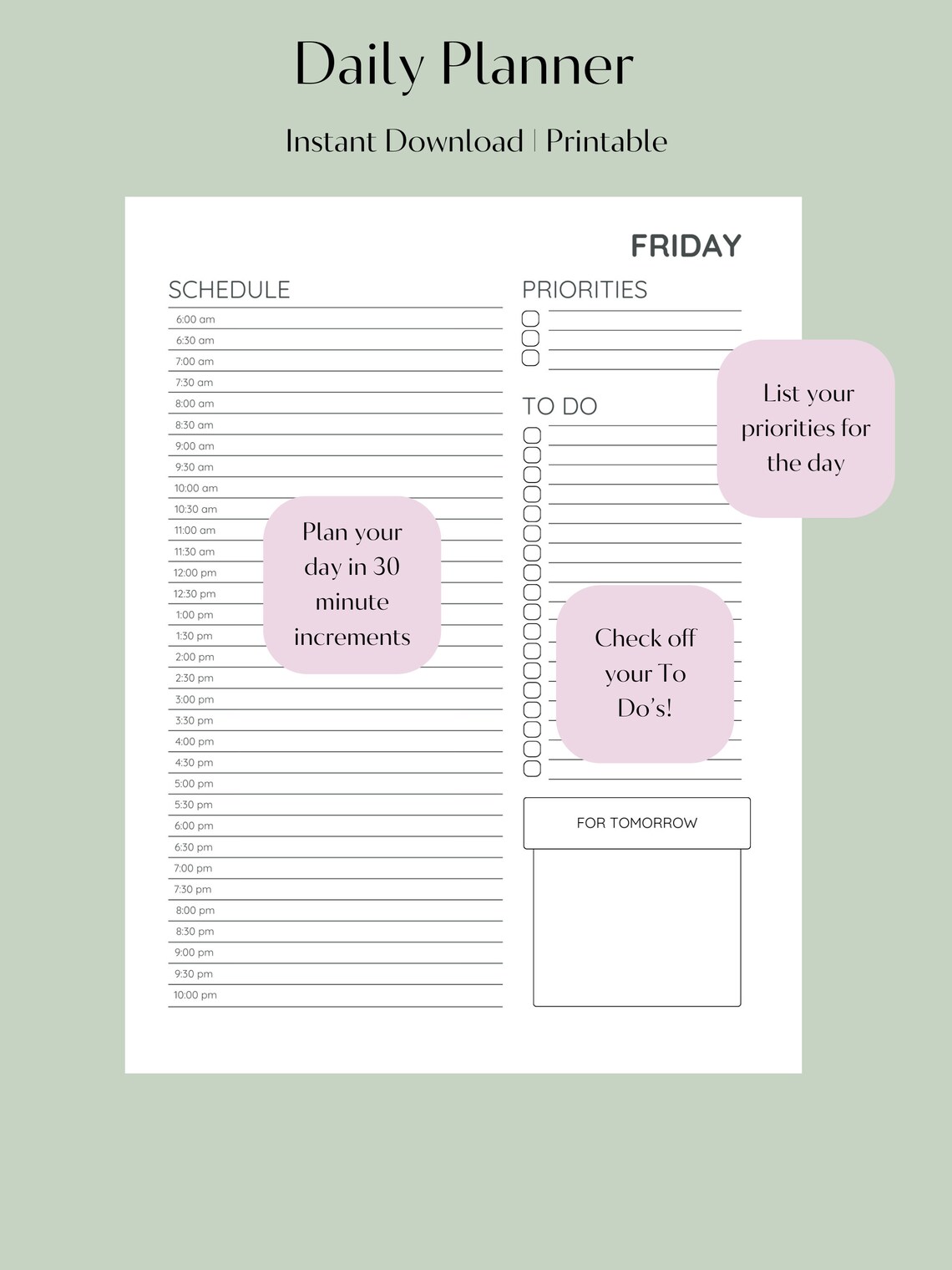 Daily Planner Daily Schedule to Do List Printable Planner Organizer to ...