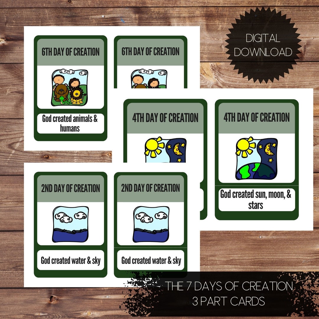 The 7 Days of Creation 3 Part Cards, Montessori 3 Part Cards, Bible ...