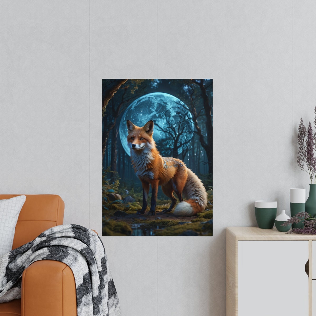 Fox in Moonlit Forest Poster, Iridescent Dreamlike Landscape Print ...