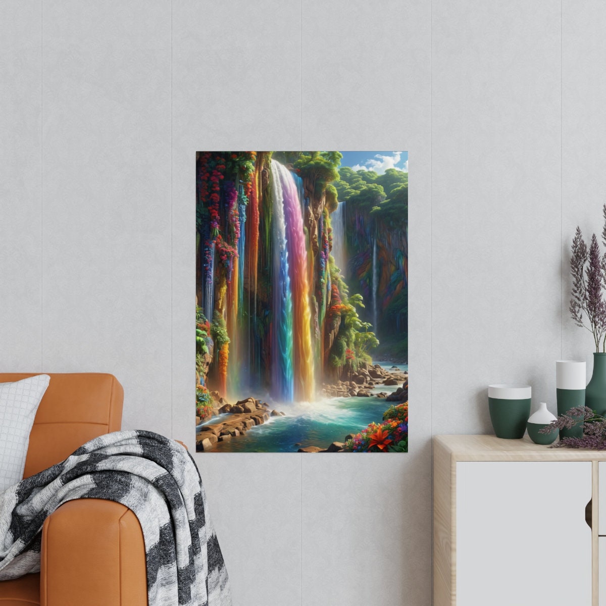 Tropical Waterfall Rainbow Poster, Lush Scenery Landscape Poster ...