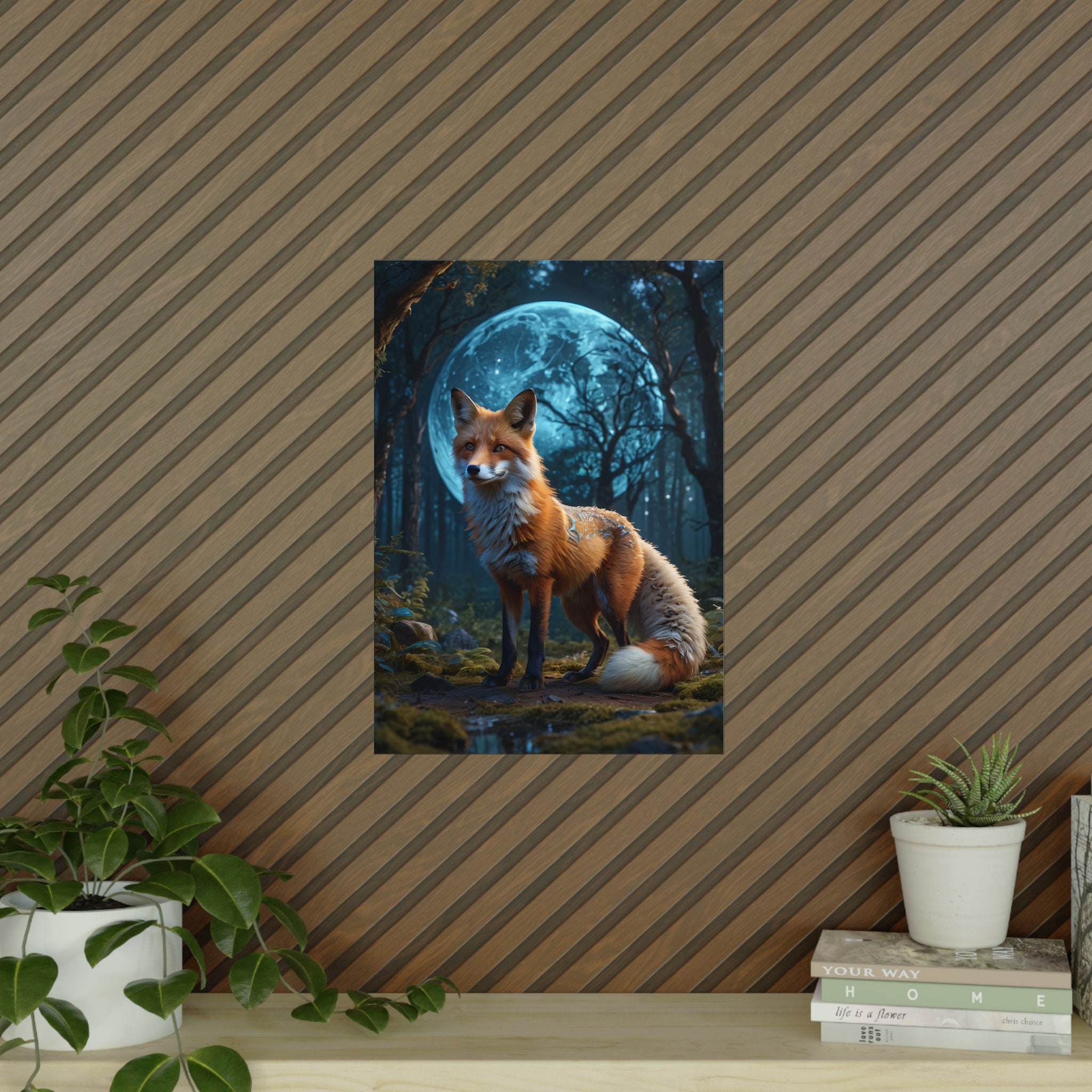 Fox in Moonlit Forest Poster, Iridescent Dreamlike Landscape Print, Dreamy Fox Forest Wall Art ...