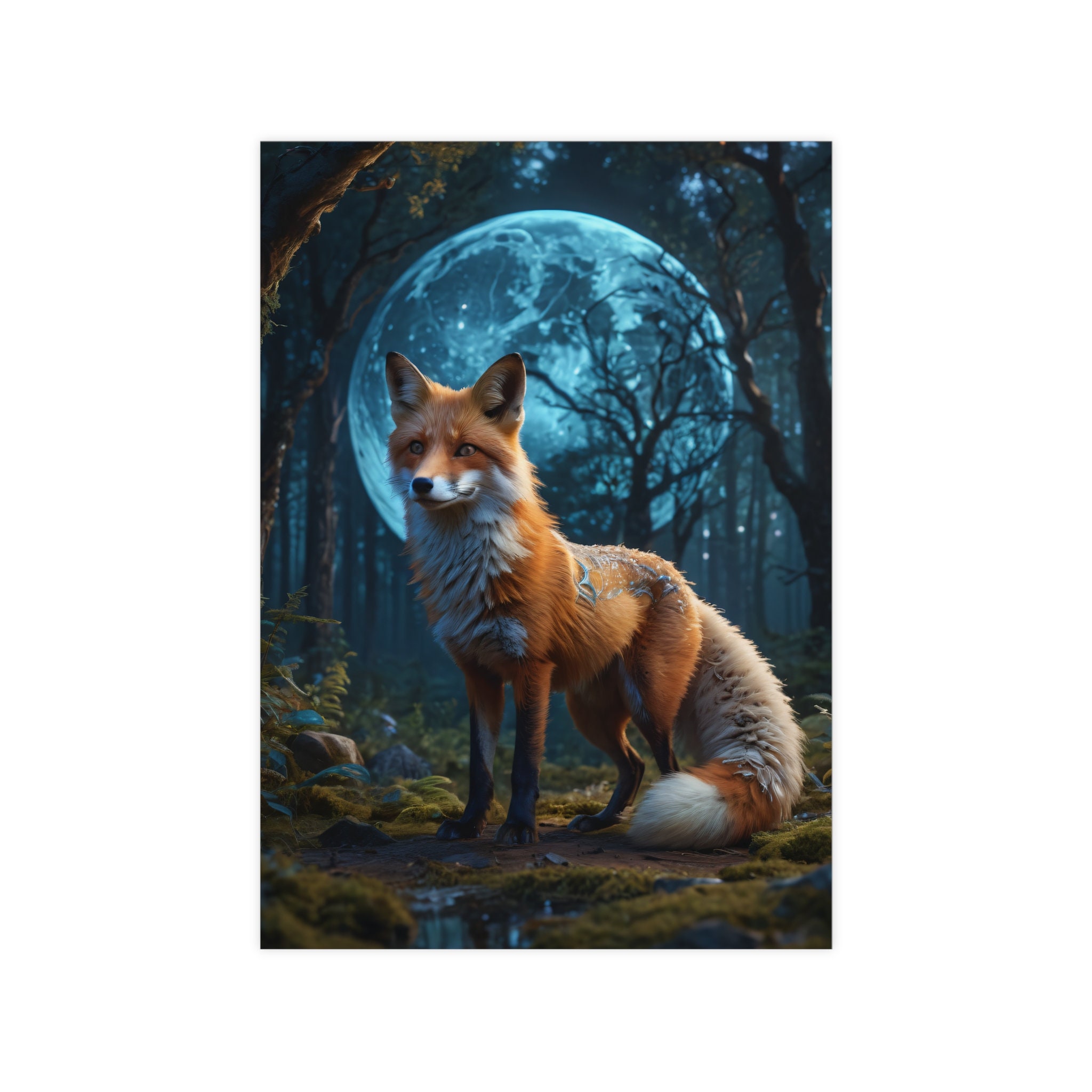 Fox in Moonlit Forest Poster, Iridescent Dreamlike Landscape Print ...