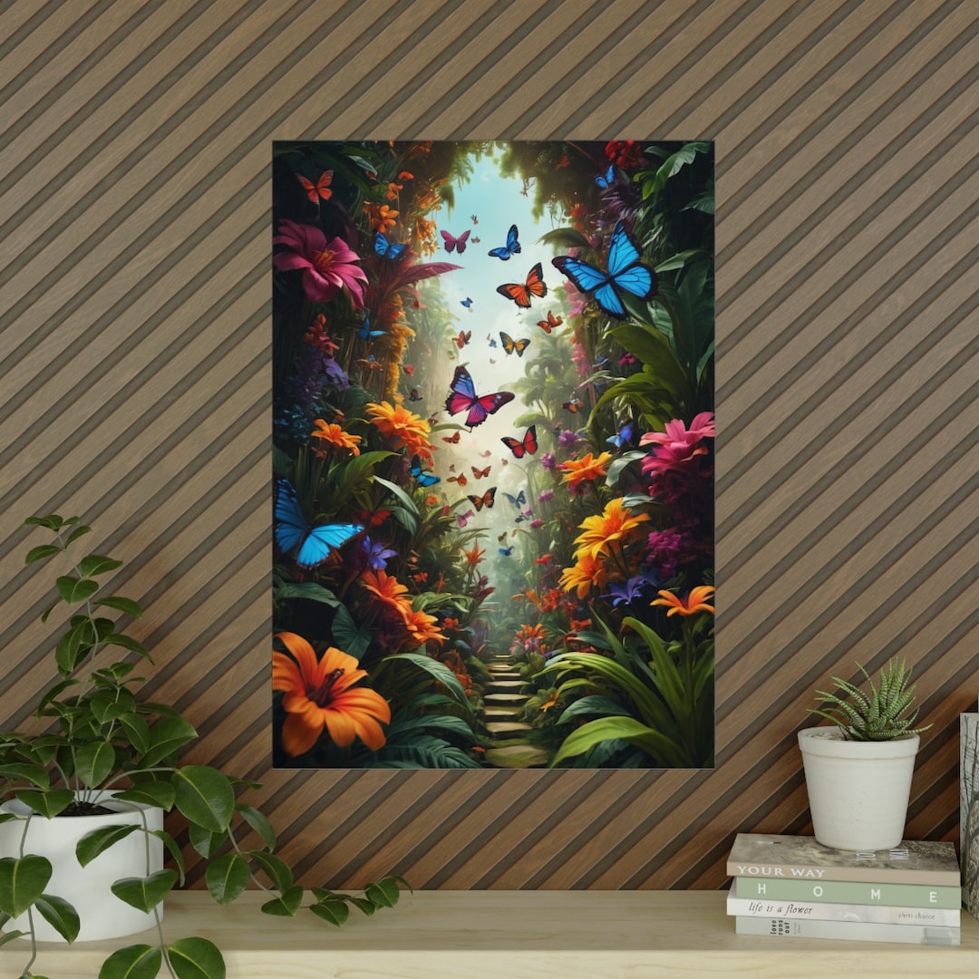Vibrant Butterfly Garden Poster, Rainbow Jungle Landscape Art, Colorful ...