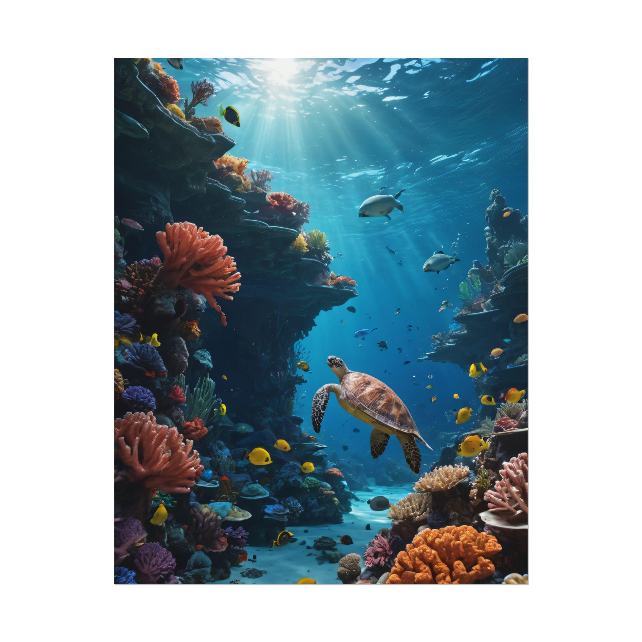Underwater Sea Turtle Poster, Coral Reef Realistic Art, Tropical Fish ...
