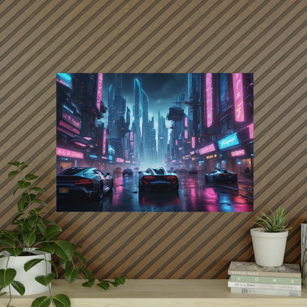 Cyberpunk Neon Cityscape Poster, Futuristic Digital Art Print, Flying ...