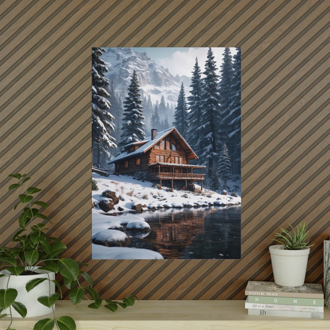 Snowy Mountain Cabin Poster, Impressionist Pine Tree Landscape ...