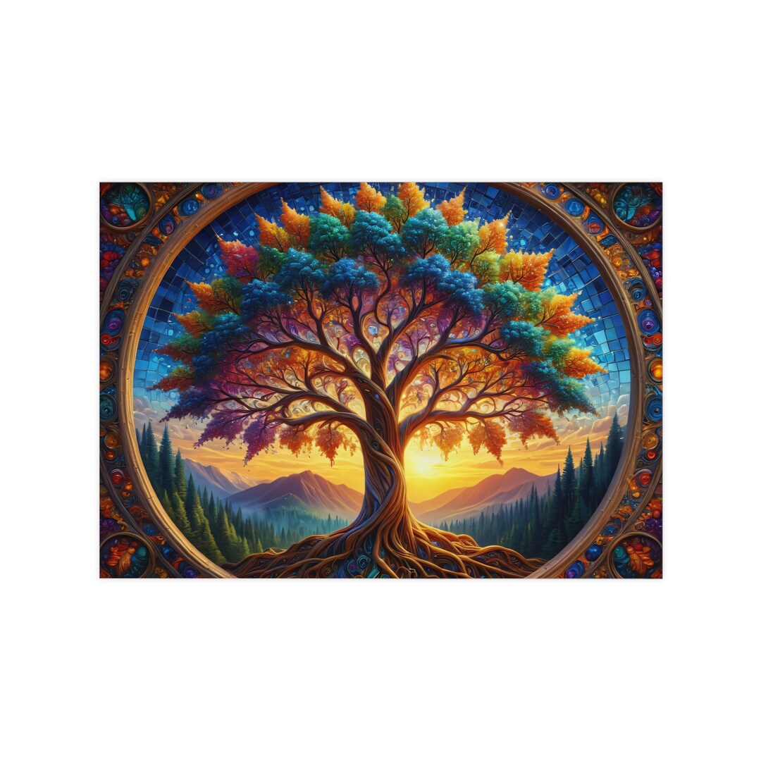 Vibrant Mosaic Tree Poster, Stained Glass Tree Art Print, Colorful ...