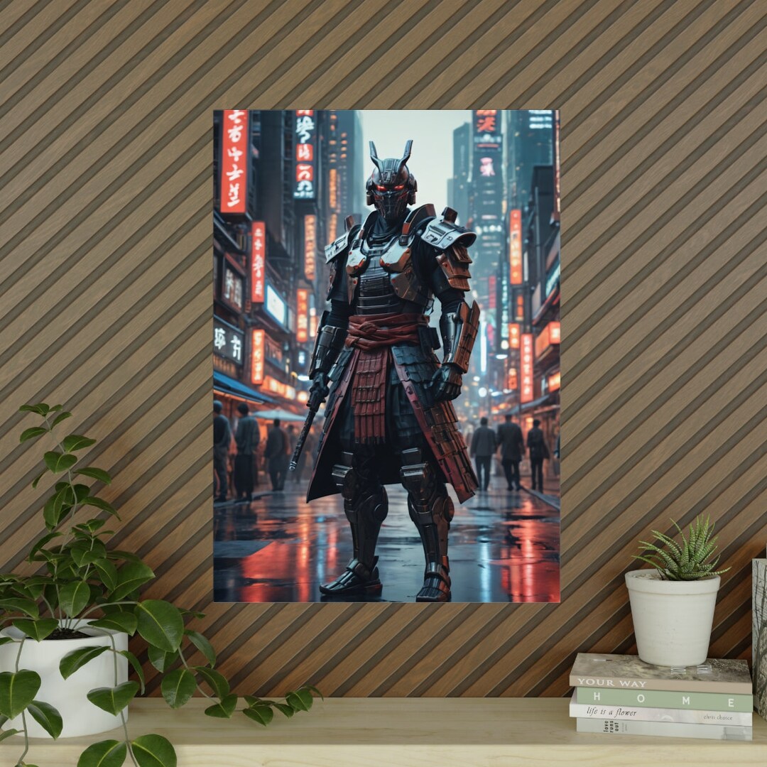 Cybernetic Samurai Poster, Futuristic Cityscape Wall Decor, Cyberpunk ...