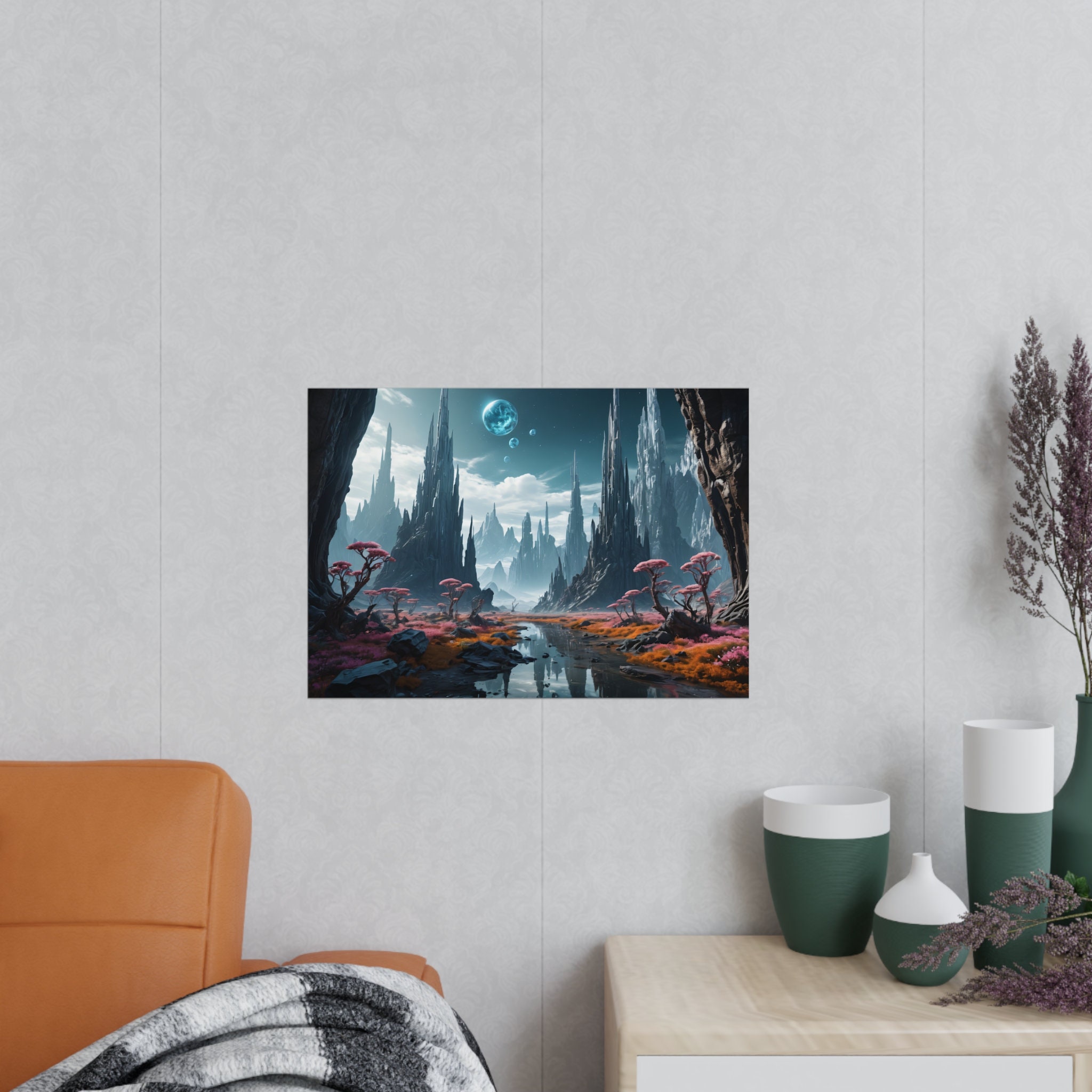 Alien Landscape Poster, Crystal Formations Art, Glowing Flora Wall ...