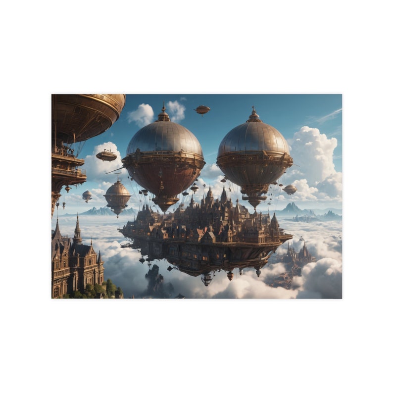 Steampunk Floating City Poster, Dreamy Airship Art Print, Fantastical ...