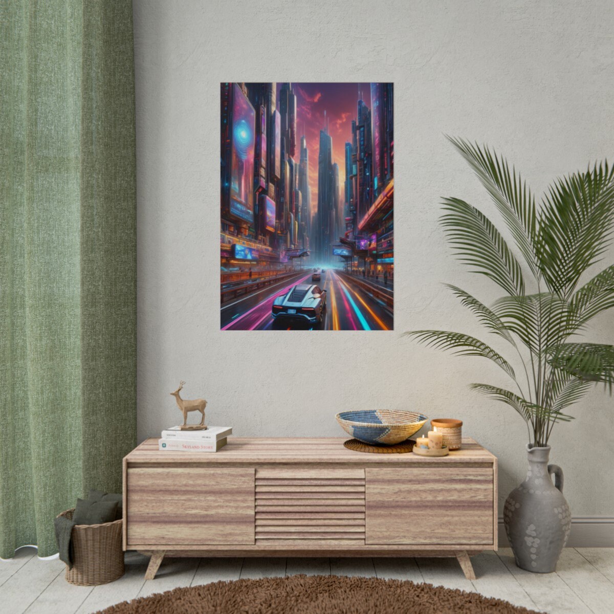 Digital Futuristic Cityscape Poster, Neon Tunnel Skyline Art, Vibrant ...