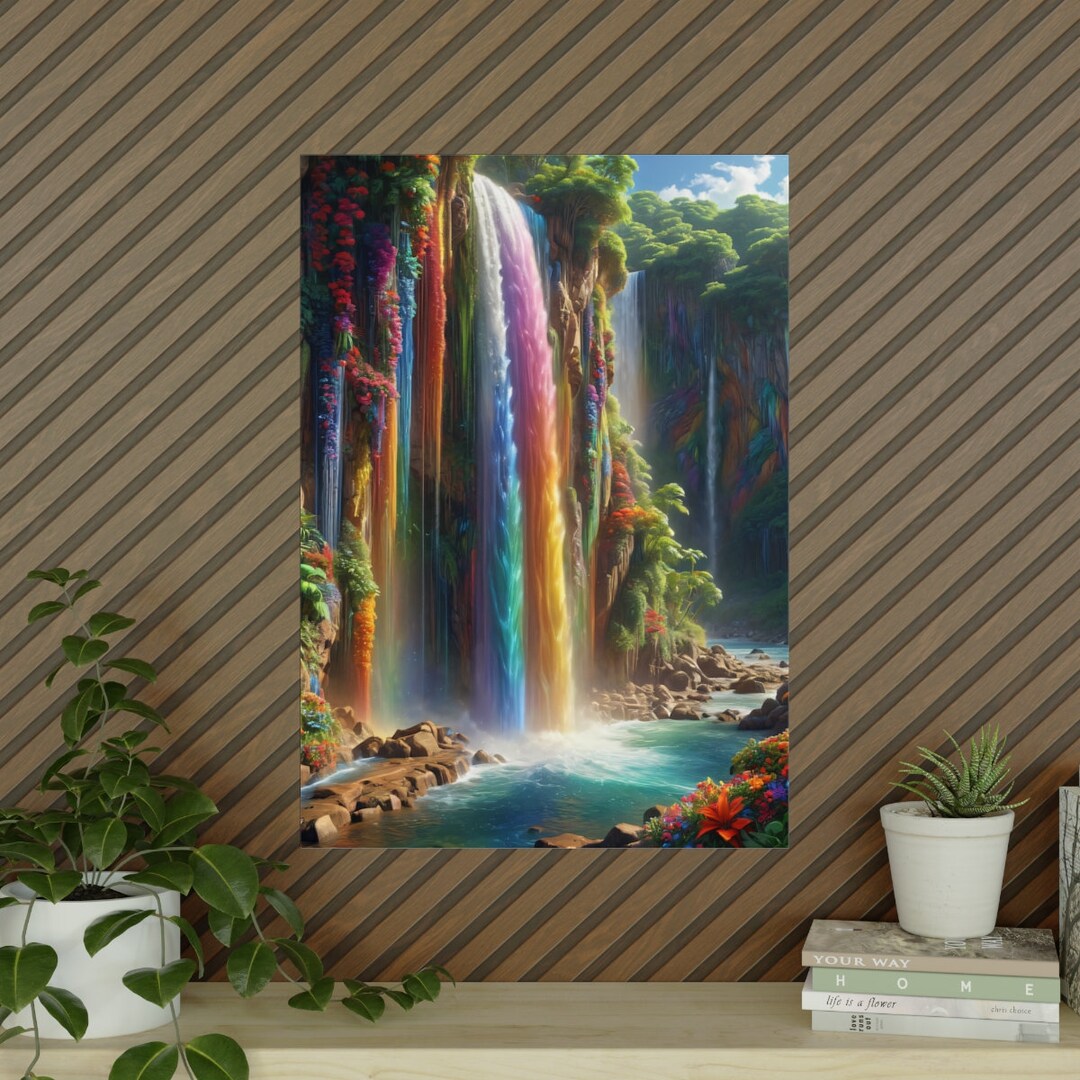Tropical Waterfall Rainbow Poster, Lush Scenery Landscape Poster ...