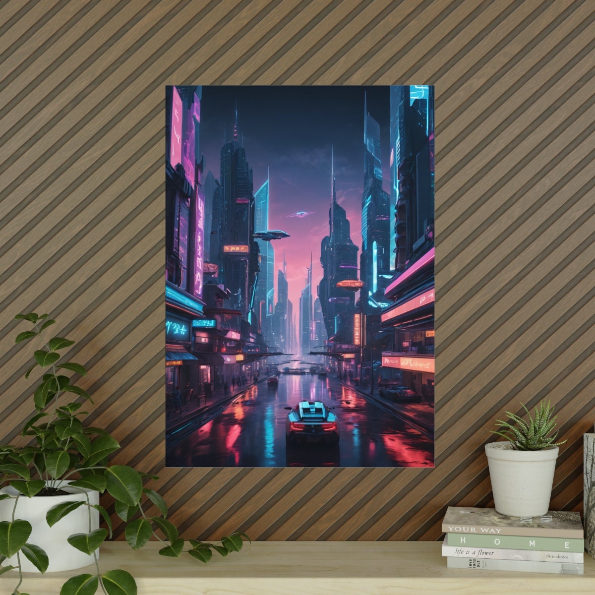 Futuristic Cyberpunk Cityscape Poster, Neon Lights Digital Art Print ...
