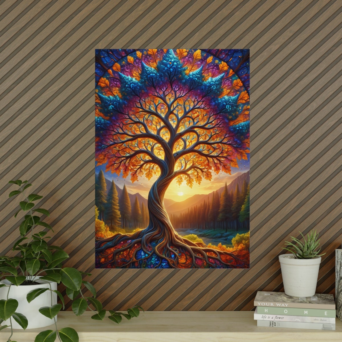 Vibrant Mosaic Tree Poster, Stained Glass Tree Art Print, Colorful Tree ...