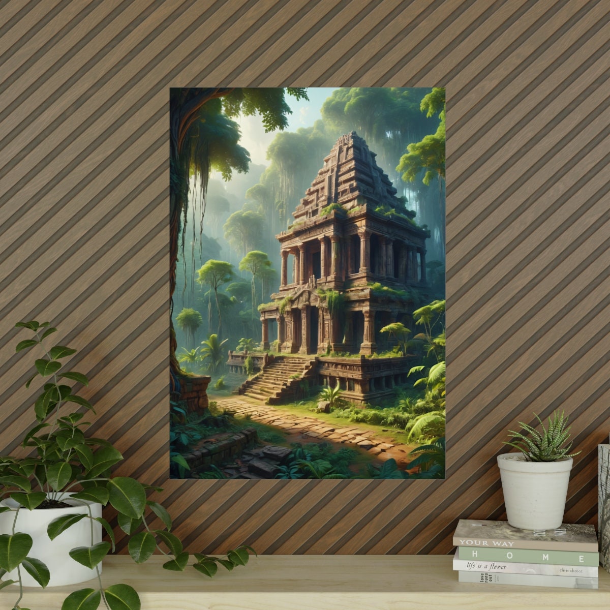 Misty Jungle Temple Poster, Vines on Ancient Ruins Art Print, Digital ...
