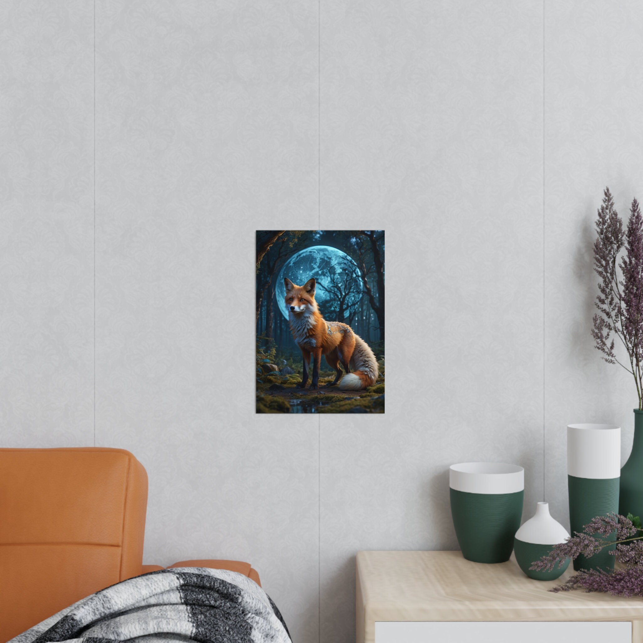 Fox in Moonlit Forest Poster, Iridescent Dreamlike Landscape Print ...