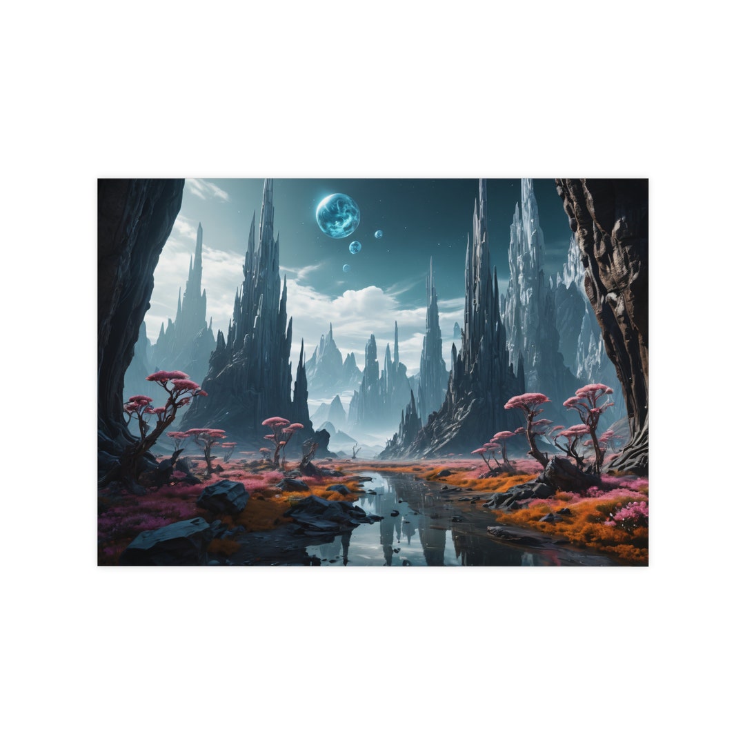 Alien Landscape Poster, Crystal Formations Art, Glowing Flora Wall ...