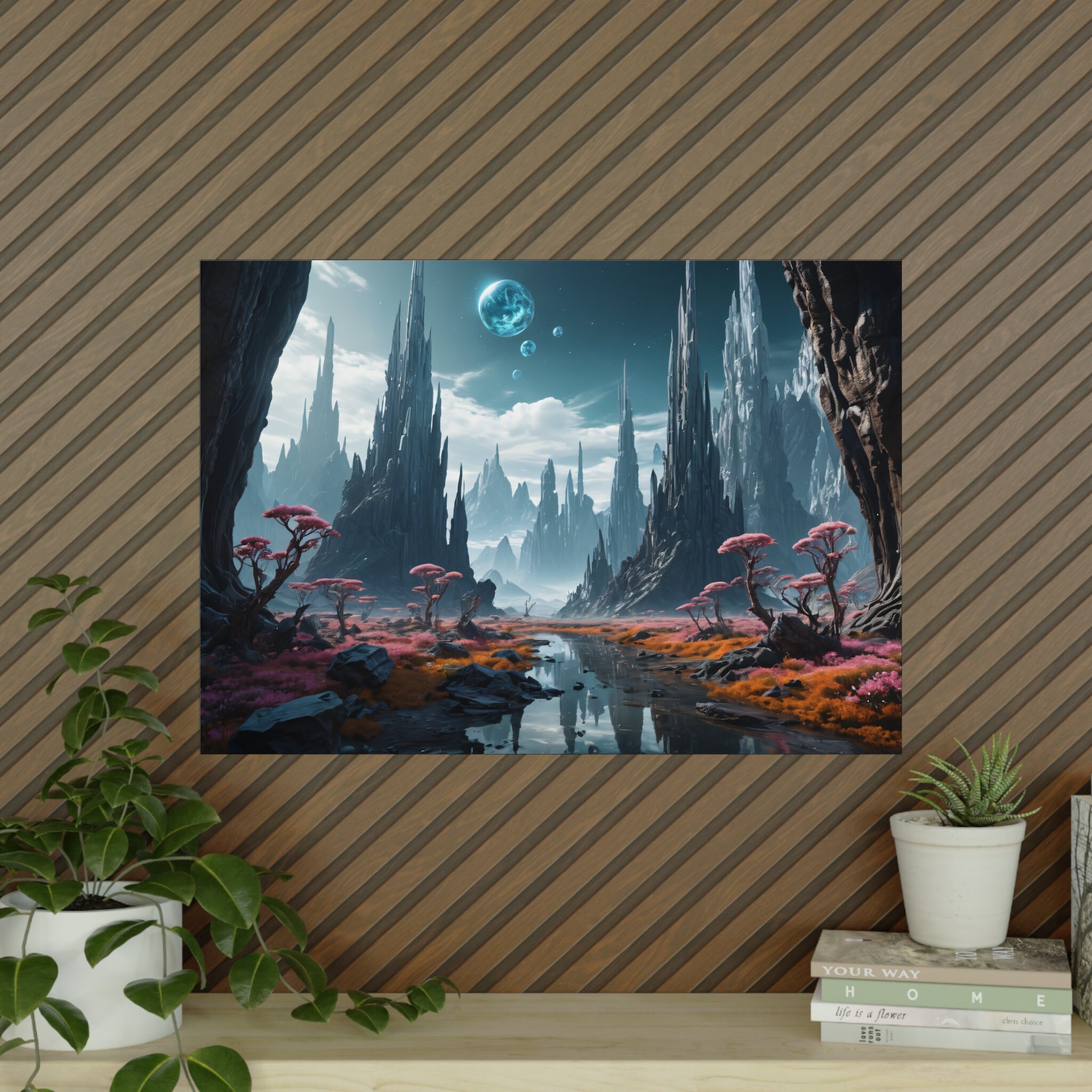 Alien Landscape Poster, Crystal Formations Art, Glowing Flora Wall ...