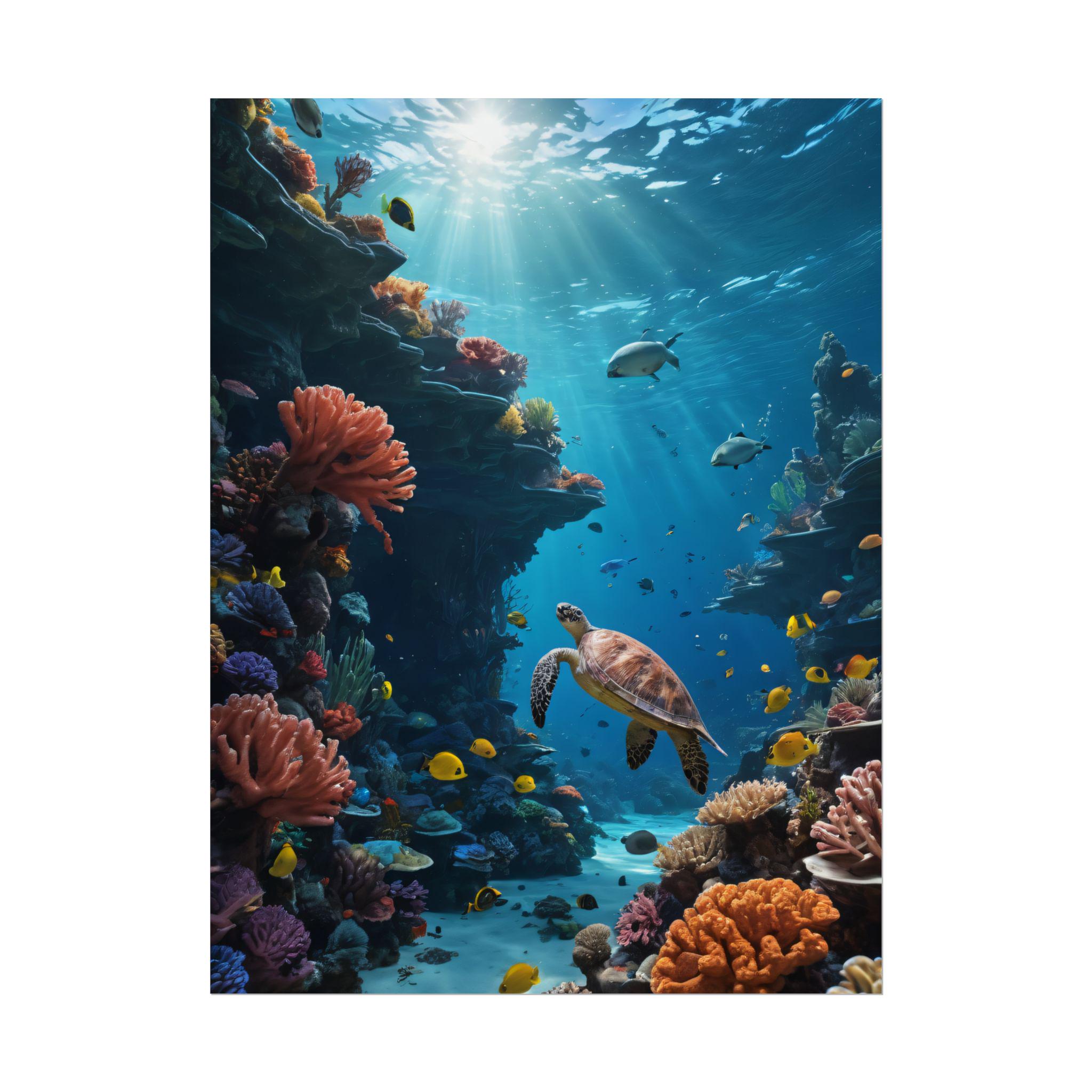 Underwater Sea Turtle Poster, Coral Reef Realistic Art, Tropical Fish ...