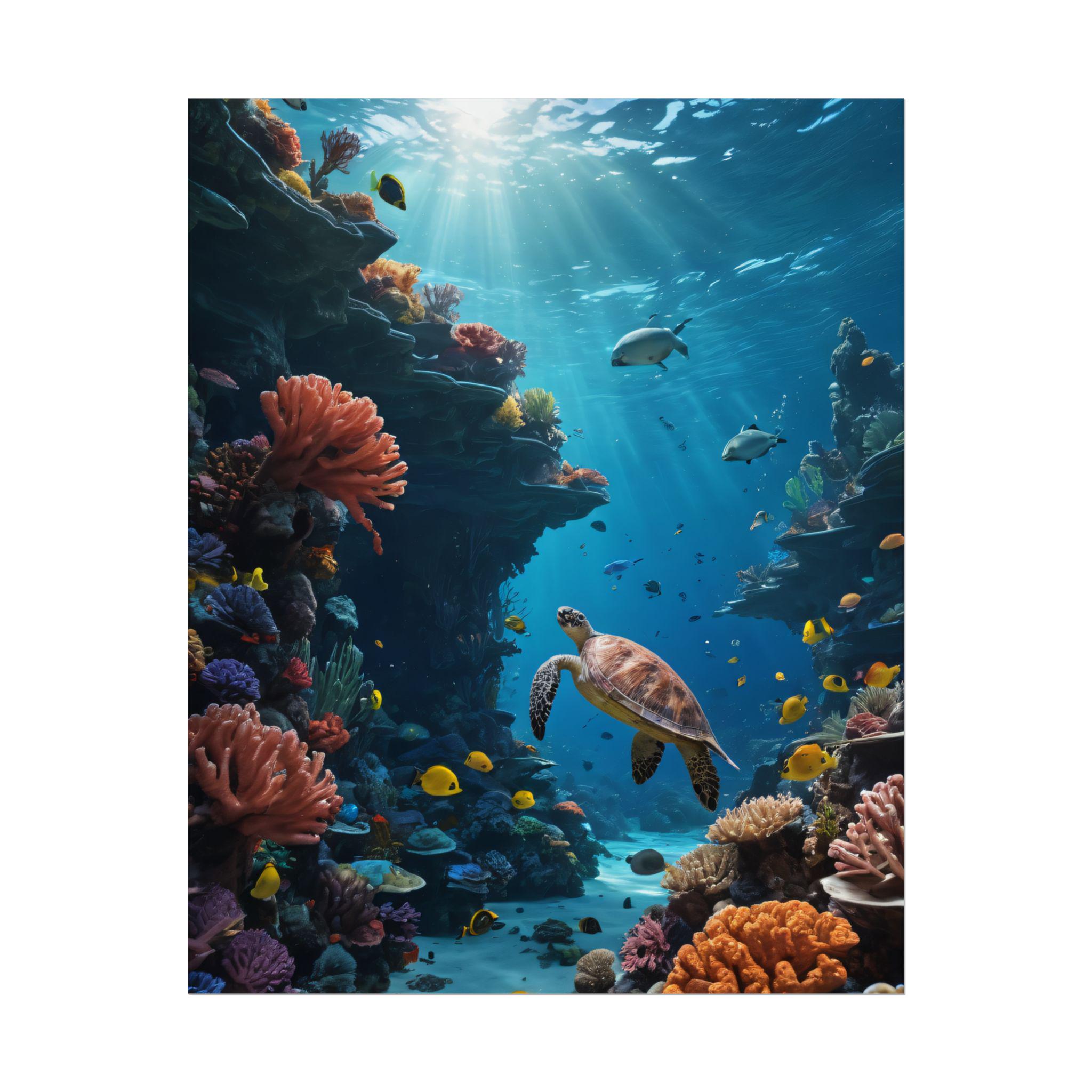 Underwater Sea Turtle Poster, Coral Reef Realistic Art, Tropical Fish ...