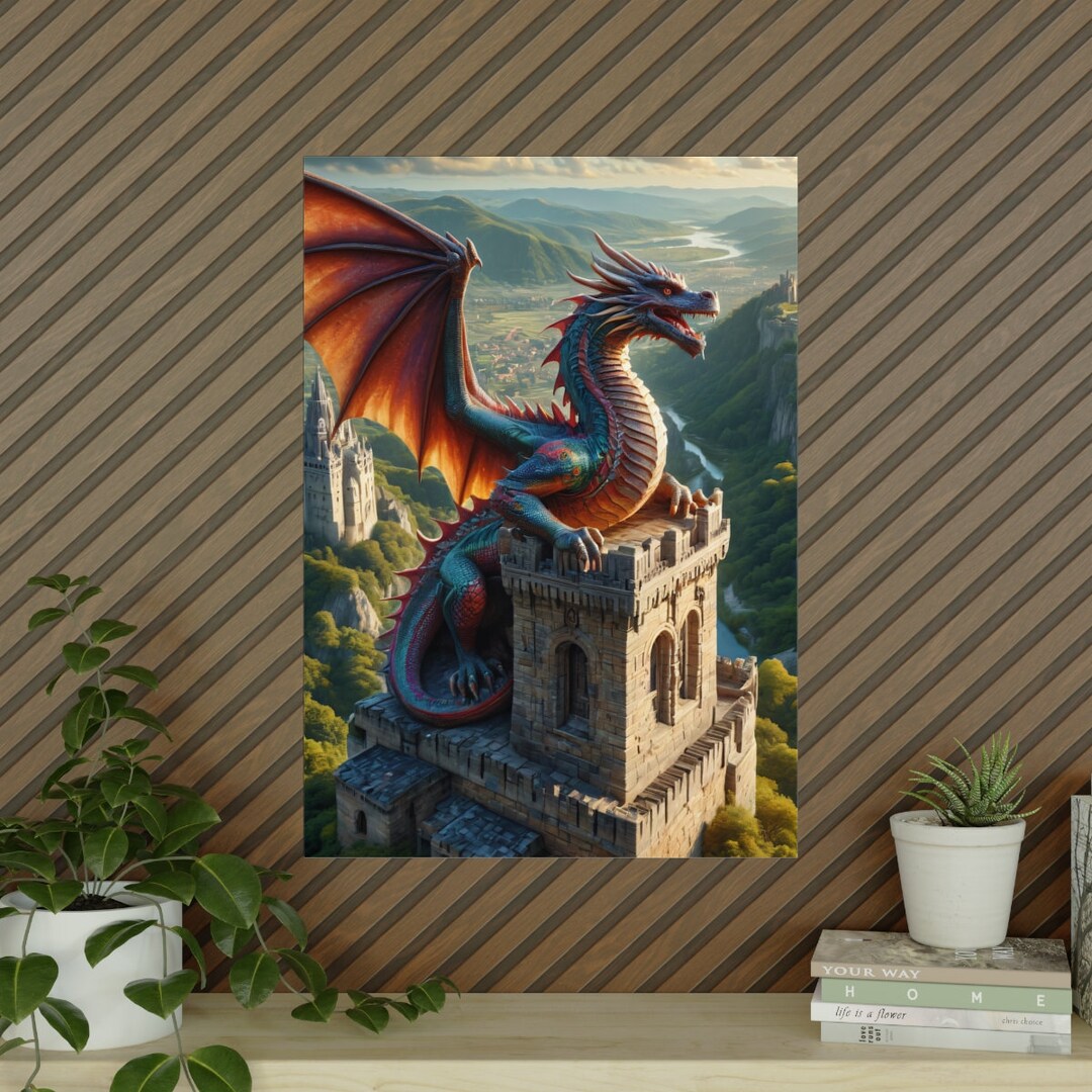 Majestic Dragon Portrait Poster, Castle Tower Landscape Wall Art ...
