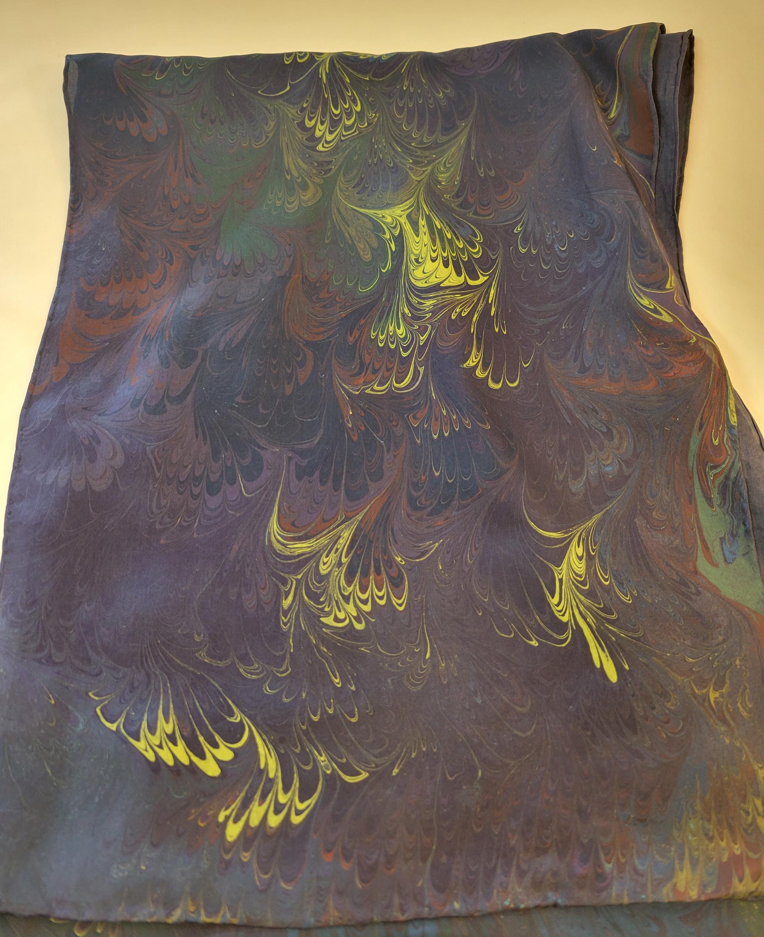 Deep Navy Blue Silk Scarf With a Subtle Painted Design in Rust and ...