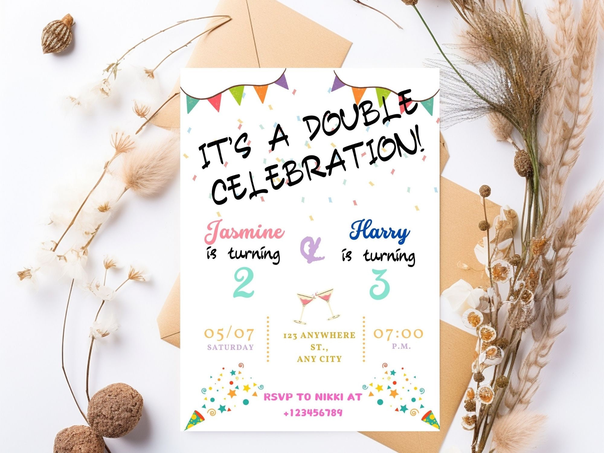 Editable Double Birthday Celebration Card, Sibling Birthday Invitations ...