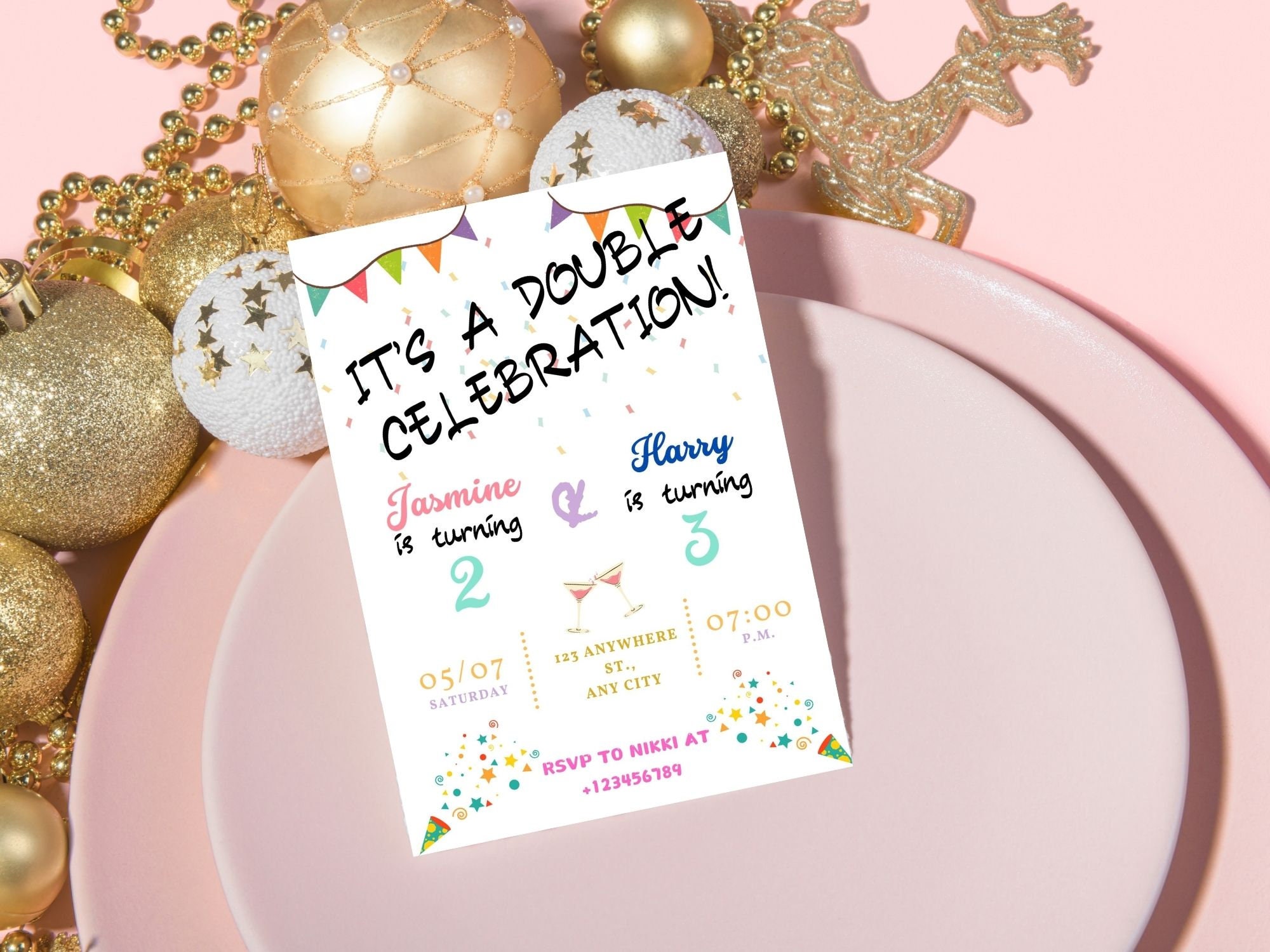 Editable Double Birthday Celebration Card, Sibling Birthday Invitations ...