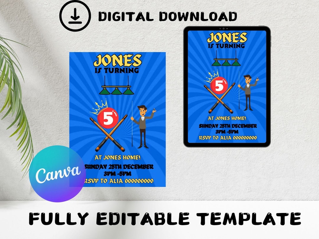 Snooker Invitation Template Editable Invitation Kids Birthday Digital ...
