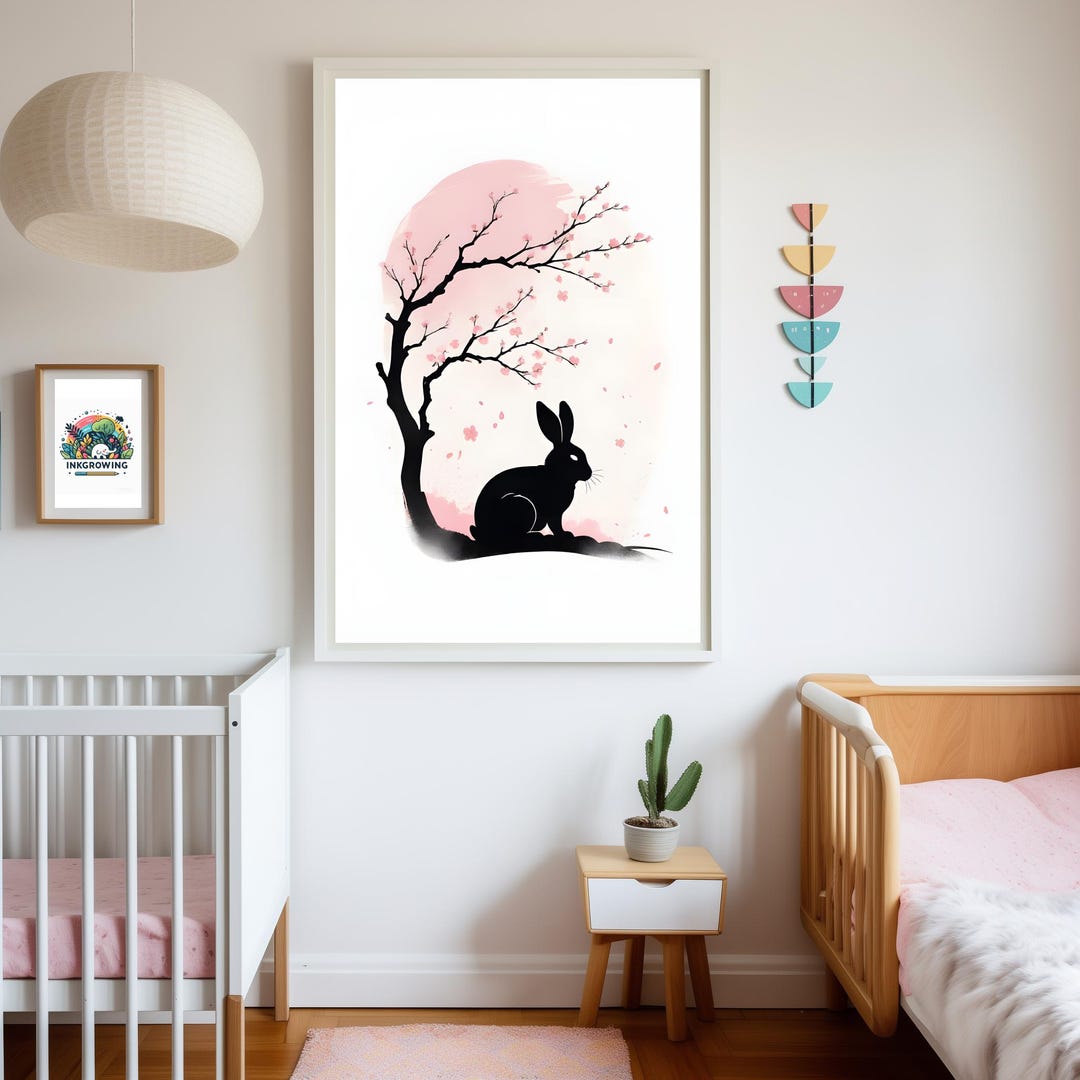 Zen Rabbit Wall Art Printable – Japanese Sakura Minimalist Easter Decor ...