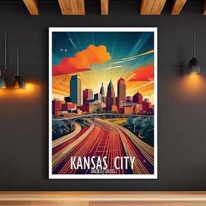 Kansas City Skyline Art Print - Vibrant Retro Poster - 50x70 Cm - City ...