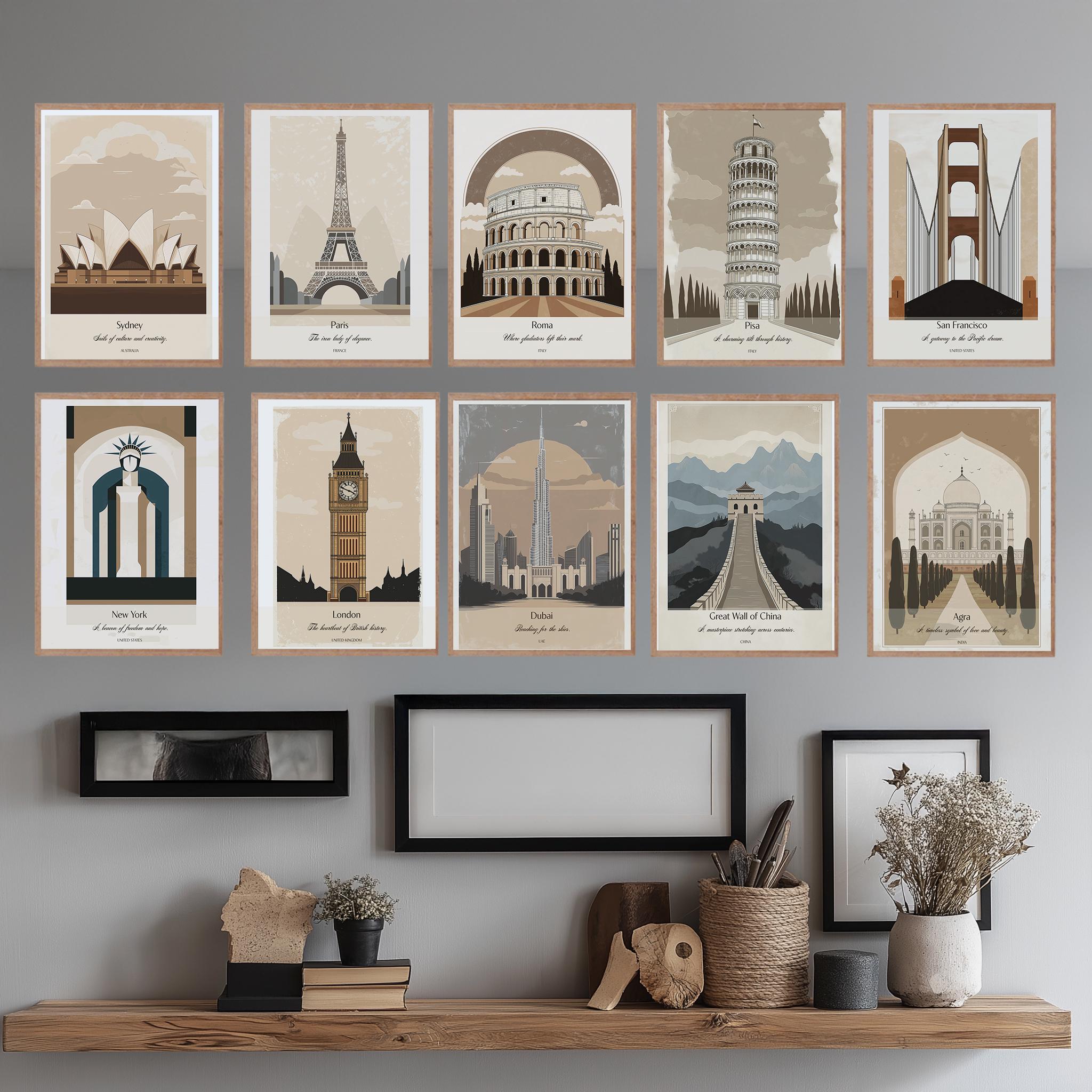 Minimalist World Landmarks Poster Set – 10 Iconic Designs, Vintage Wall ...
